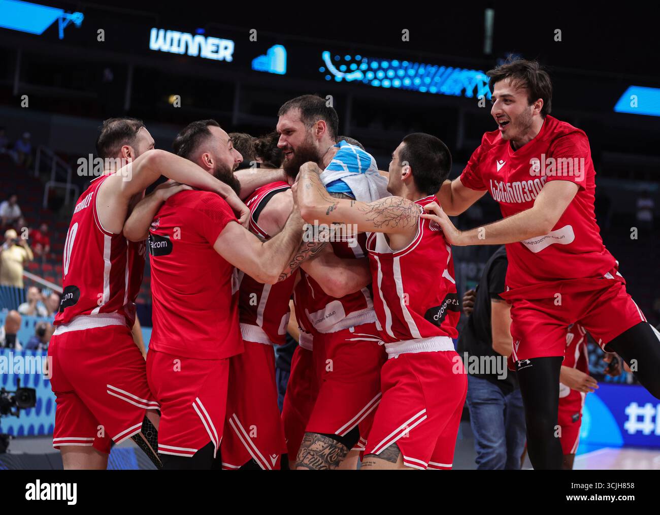 RIGA, LATVIA - SEPTEMBER 07: Players of Team Georgia celebrate their side`s victory after the ...